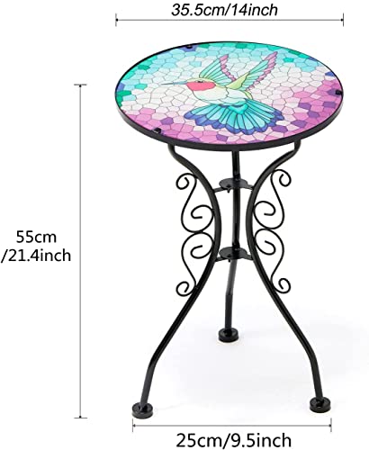 Outdoor Patio Side Table, 21" Round End Table with 14" Hummingbird Pattern Glass Top, Small Accent Table Bistro Coffee for Living Room Porch Balcony Garden Yard