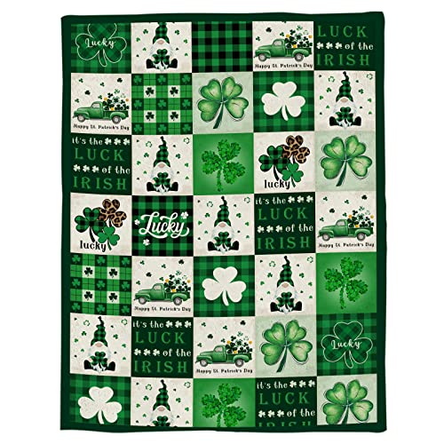 St. Patrick's Day Shamrock Super Soft Flannel Fleece Throw Blankets Lucky Clover Gnome Truck Green Plaid Blanket Lightweight Cozy Warm Fuzzy Plush Microfiber Blankets for Couch Bed Sofa 40x50inch