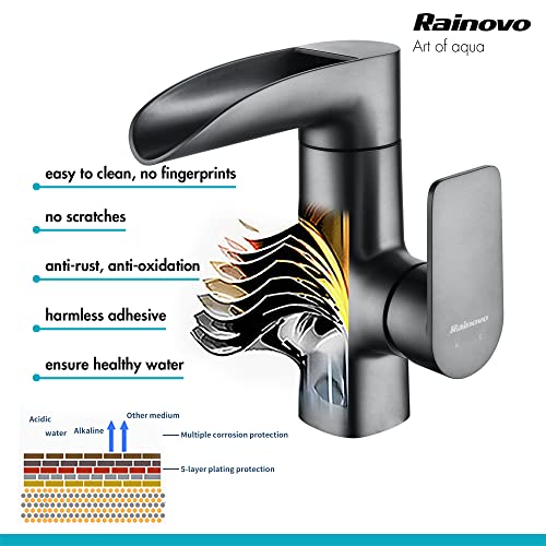 Rainovo Waterfall Bathroom Faucet, Bathroom Faucet with 360° Swivel Waterfall Spout, Single Handle Bathroom Faucet 1 Hole, Single Hole RV Basin Vessel Vanity Faucet, Grey