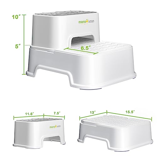 Two Step Stool for Kids, Double up Baby Child Toddler Stepping Stool for Potty Training,Bathroom Sink,Kitchen,Toilet Stool with Anti-Slip Strips for Safety, Stackable, Wide Step (2 Packs White)