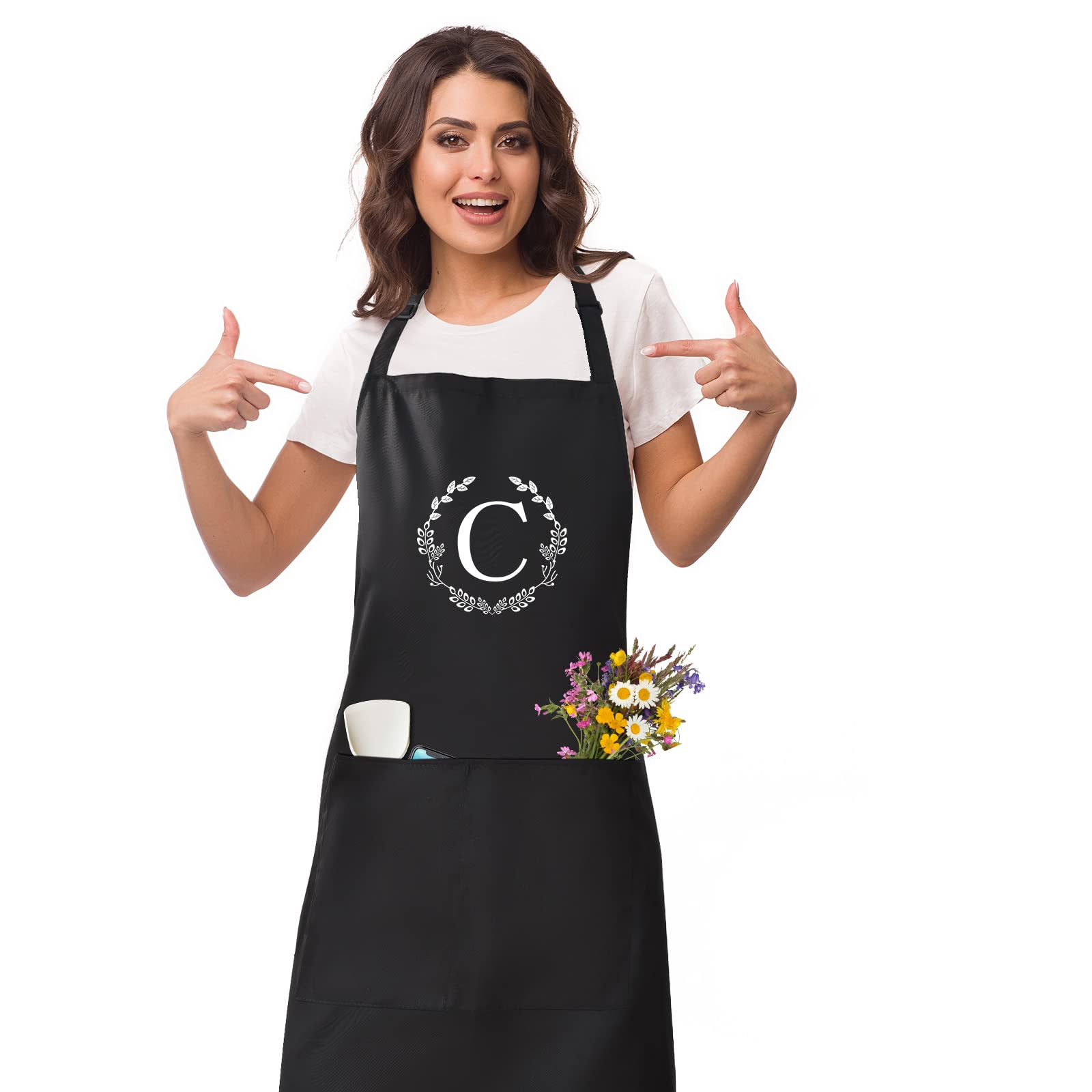 NOBONDO Personalized Apron with Pockets, Initial Bib Apron with Adjustable Neck and Waist Ties, Monogrammed Gift for Women and men, Supports Cooking, Crafting BBQ Drawing and Gardening - with Wreath M