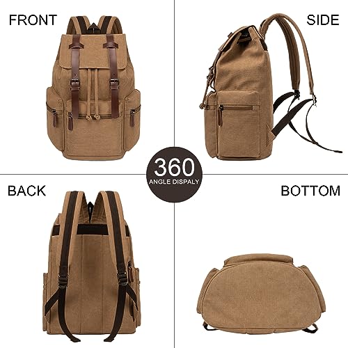 VAZUOOL Canvas Laptop Backpack, Vintage Rucksack Backpack for Men Women, Travel Backpack College Bookbag Casual Daypack Fits 15.6 Inch Laptop, Brown