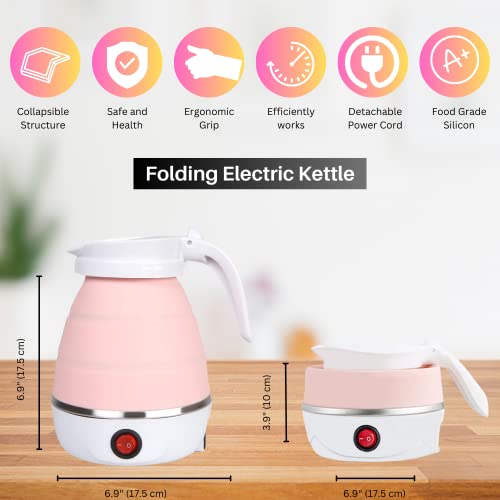Travel Collapsible Electric Kettle with Collapsible Cup - Portable Foldable Small Electric Kettle with Quick Boiling Water Tech, BPA Free, 110V Voltage, US Plug, 600ML (Pink & Pink)