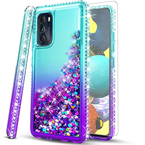 STARSHOP Moto G Stylus 5G 2022 Phone Case, with [Tempered Glass Screen Protector Included] Liquid Bling Sparkle Floating Glitter Quicksand Cover Girls Women for Motorola G Stylus 5G 2022- Teal/Purple