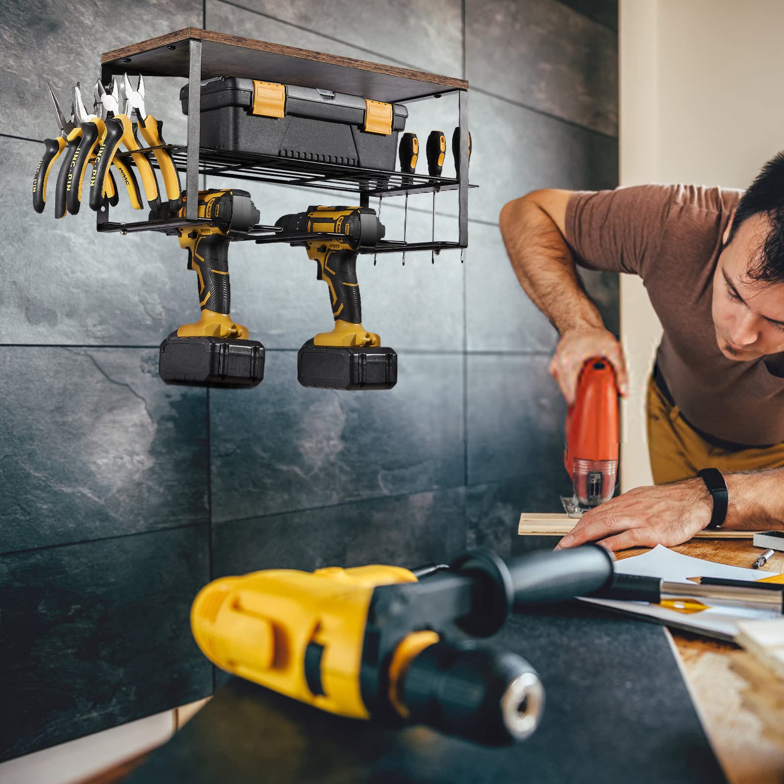 OUSHENG 2 Pack Power Tool Organizer Drill Holder Wall Mount, Garage Organization Rack for Cordless Drill Storage, Gift for Father's Day