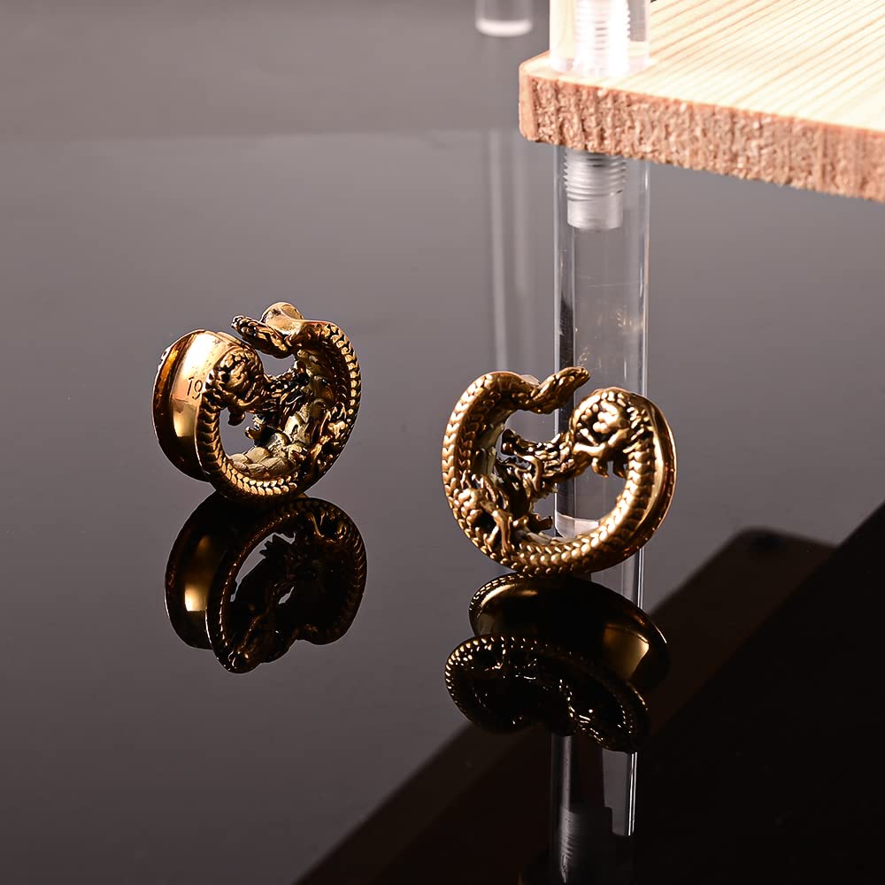 Maxbott 2PCS Stainless Steel Ear Plugs Dragon Saddle Tunnels Ear Gauges Piercing Body Jewelry (19mm(3/4"), Gold)
