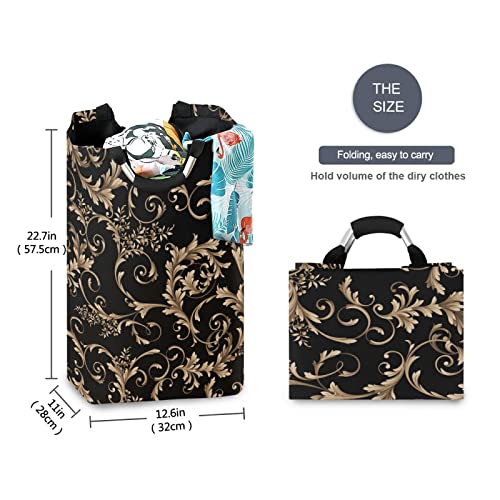 susiyo Large Laundry Basket Gold Black Baroque Pattern, 22.7inch Laundry Bag Hamper Collapsible Storage Bin with Handles