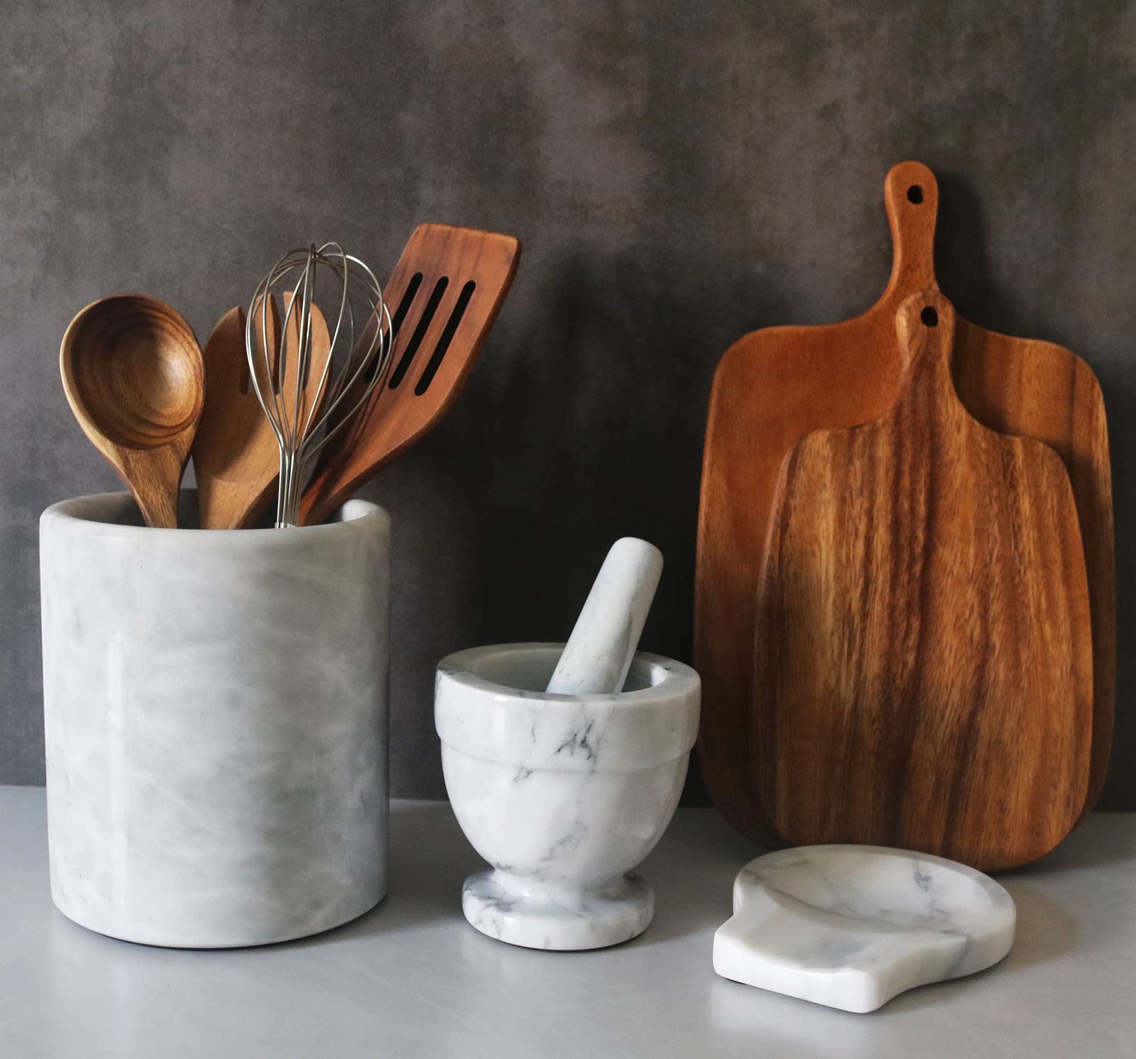 Marble Spoon Rest for Kitchen Counter, Cooking Utensil Holder for Stove Top, Spatula, Tongs Holder with Non-Slip Silicone Feet