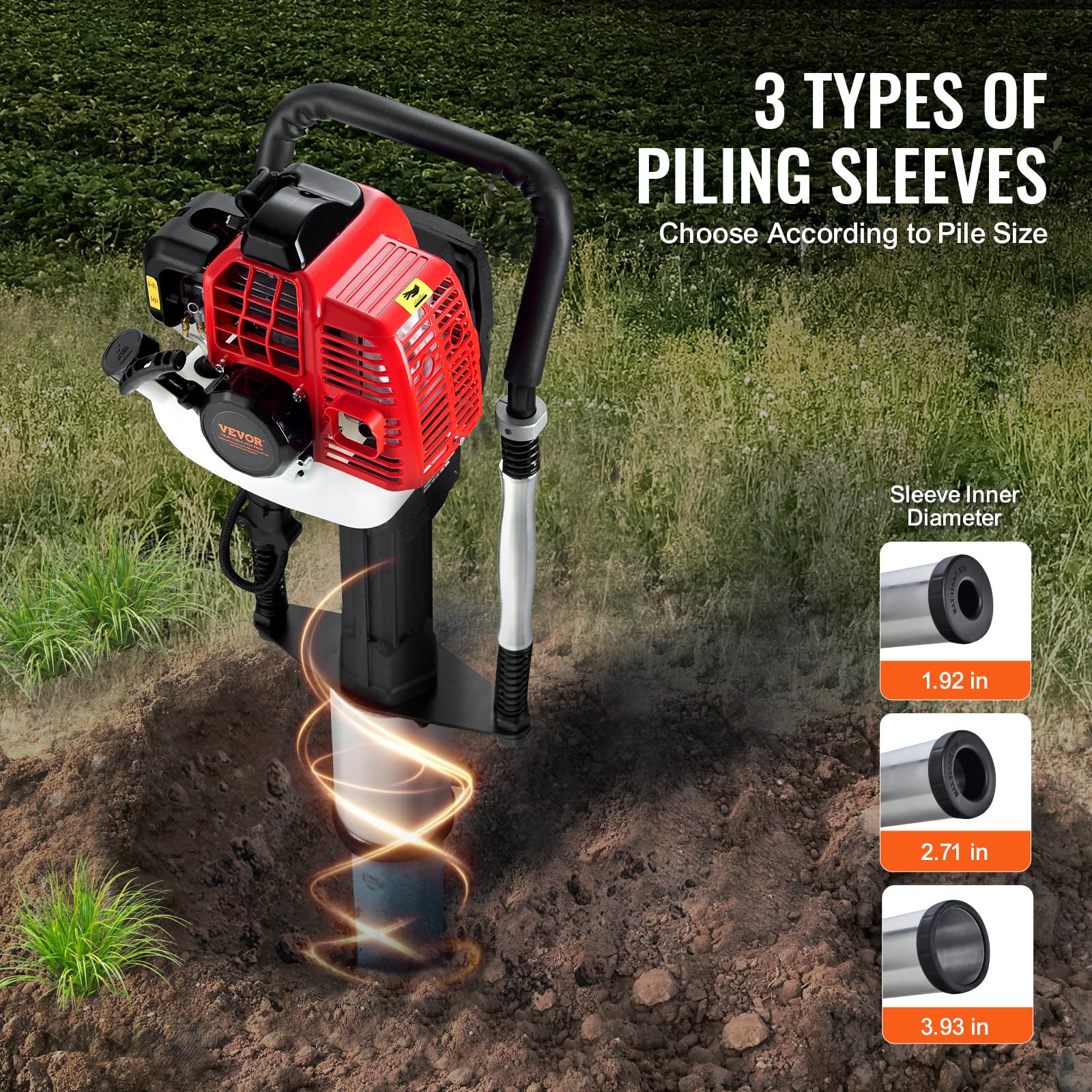 VEVOR 52cc Gas-Powered T Post Driver, 2-Stroke Engine Gasoline Fence Piling Pounder, 1300W Portable Piledriver with 3 Post Driving Head(49/69/100 mm), For Farm, Ranch Fencing, Road Improvements