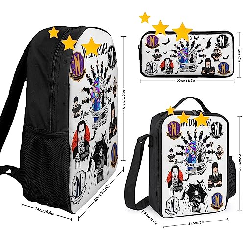 UDNHYET Wednesday Backpacks Set 3Pcs Multifunction Travel Bag with Lunch Box Pencil Case for Gifts
