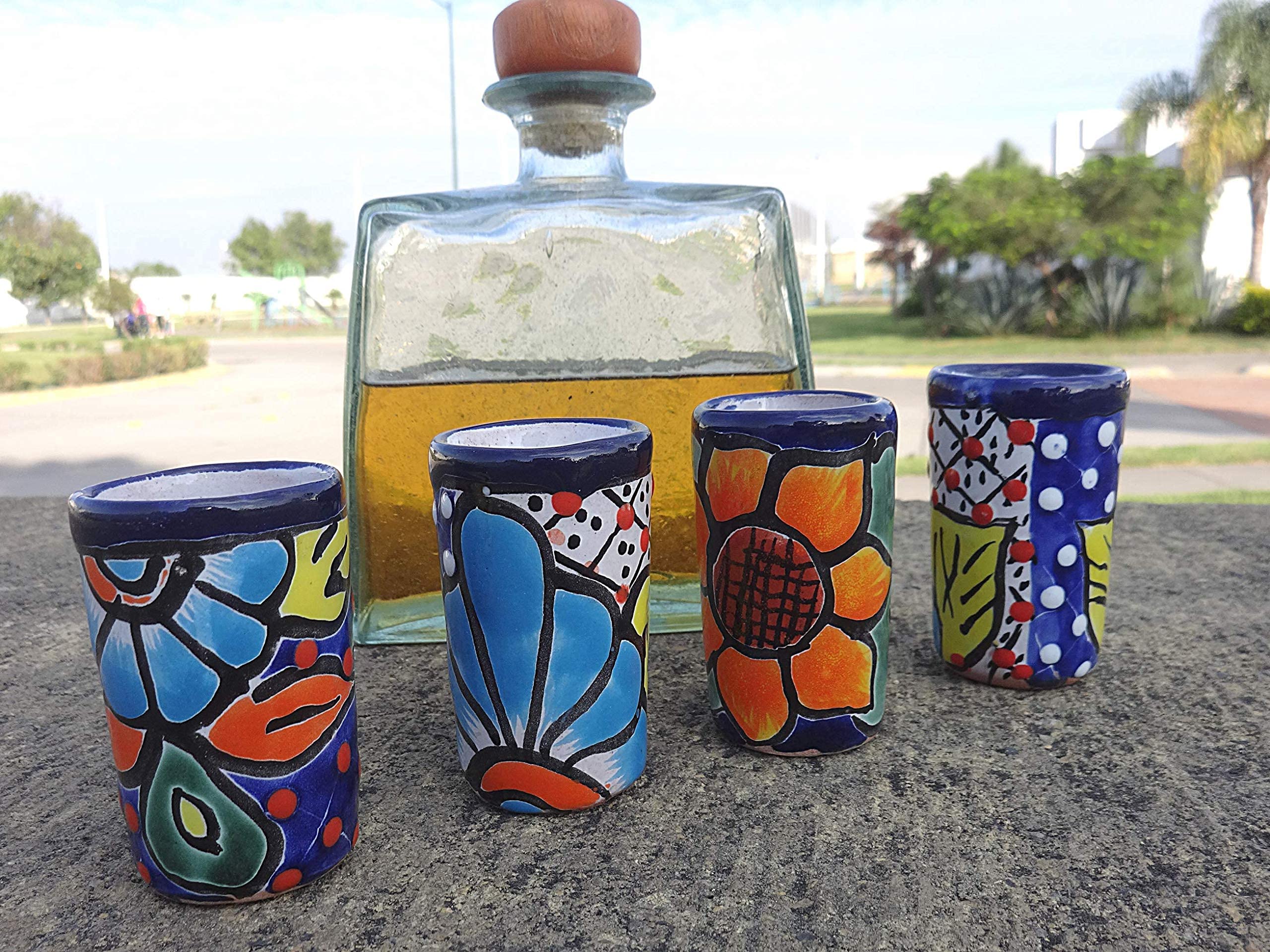 MEXTEQUIL - Talavera Shot Glasses Set of 4 Authentic Mexican Tequila Shot Glasses - Hand-painted - 2 Oz (Flowers)