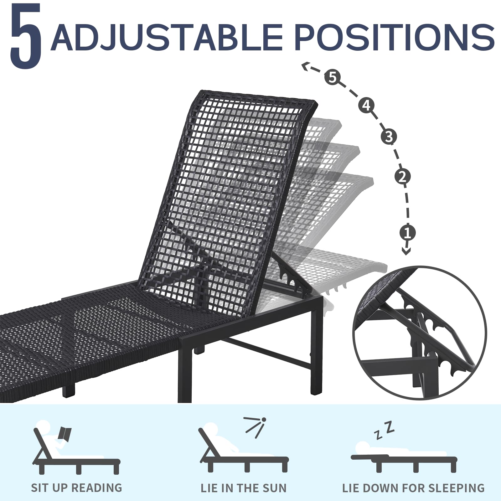 Outdoor Chaise Lounge Chair Set of 2, Rattan Pool Chairs with Adjustable Backrest, Rustproof Aluminum Frame Tanning Chair, for Poolside, Backyard, Lawn, Deck(Dark Grey)