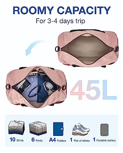 Travel Duffle Bag, BAGSMART 45L Large Carry On Bag Weekender Overnight Bag for Men Women with Shoes Compartment & Wet Pocket, Pink