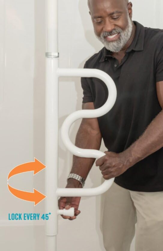 Stander Security Pole and Curve Grab Bar, Elderly Tension Mounted Floor to Ceiling Transfer Pole, Bathroom Safety Assist and Stability Rail, Iceberg White