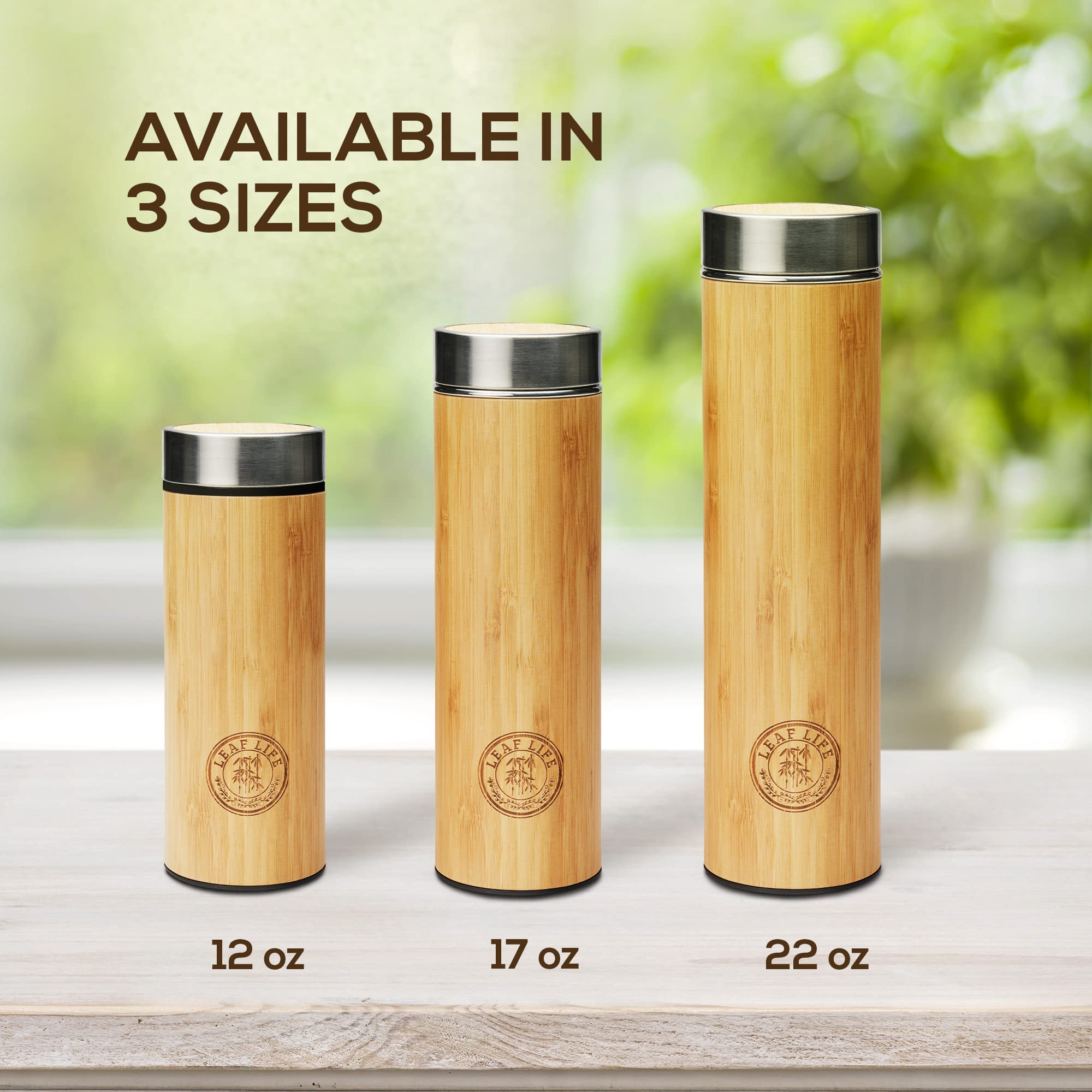 LeafLife Premium Bamboo Thermos with Tea Infusers for Loose Tea 17oz - Hot & Cold for 12 Hrs - Tea Accessories - Long Handled Tea Strainers - Unique Gifts for Women, Tea Gift Set for Women