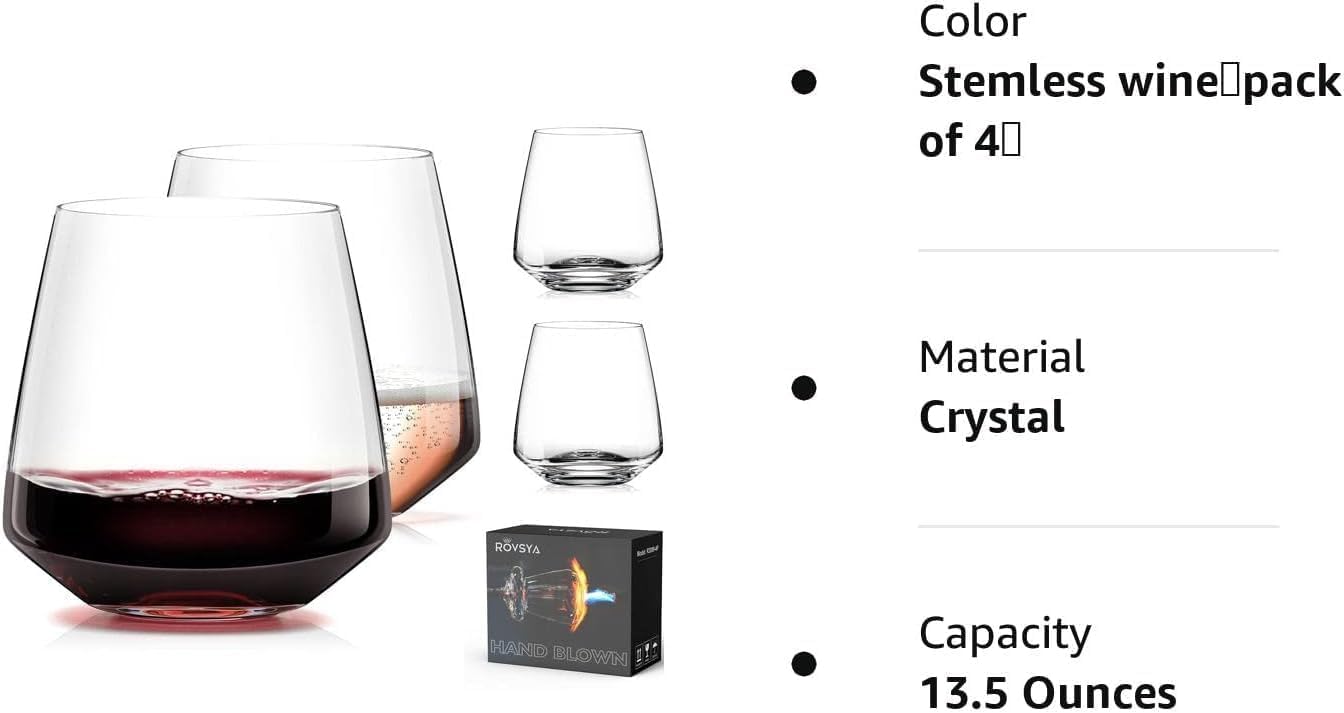 Stemless Wine Glasses Set of 4-13.5oz,Hand Blown Red White Wine Glasses - Unique gifts for him/her for Birthday, Wedding, Christmas, father's day, anniversary