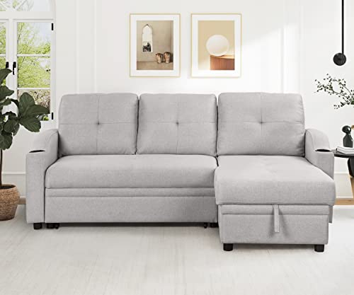 UBGO Modular, L-Shaped Living Room Furniture Sets,Pull Modern Padded Upholstered Sofa Bed, Linen Fabric 3 Seater Storage Chaise and Cup Holder, Couch for Small Spaces,Gray