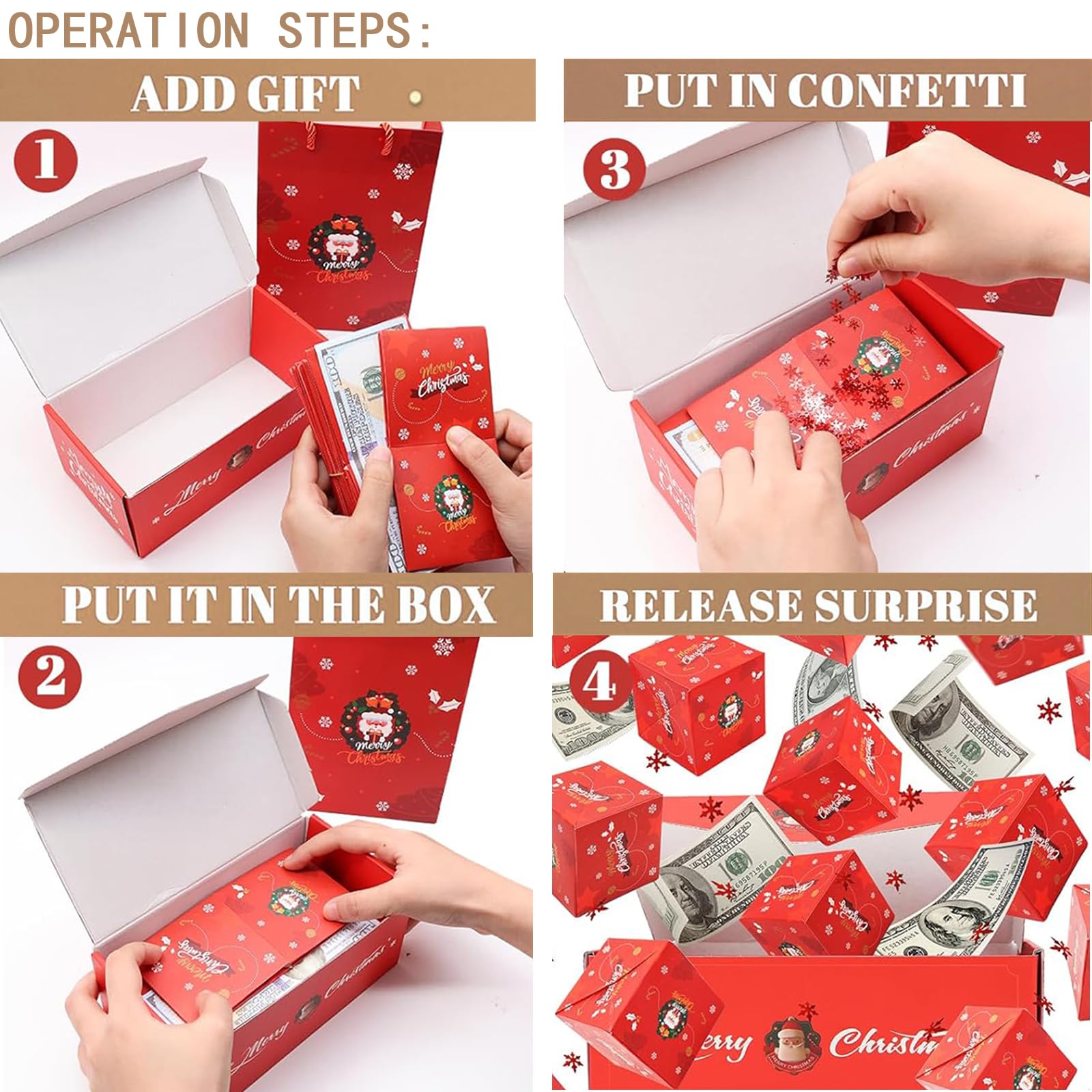 Surprise Box Gift Box for Money, Surprise Gift Box Explosion,2024 Newly Merry Christmas Surprise Gift Boxes,Folding Pop-Up Explosion Gift Box for Birthday Anniversary Valentine Proposal (Red Christmas)