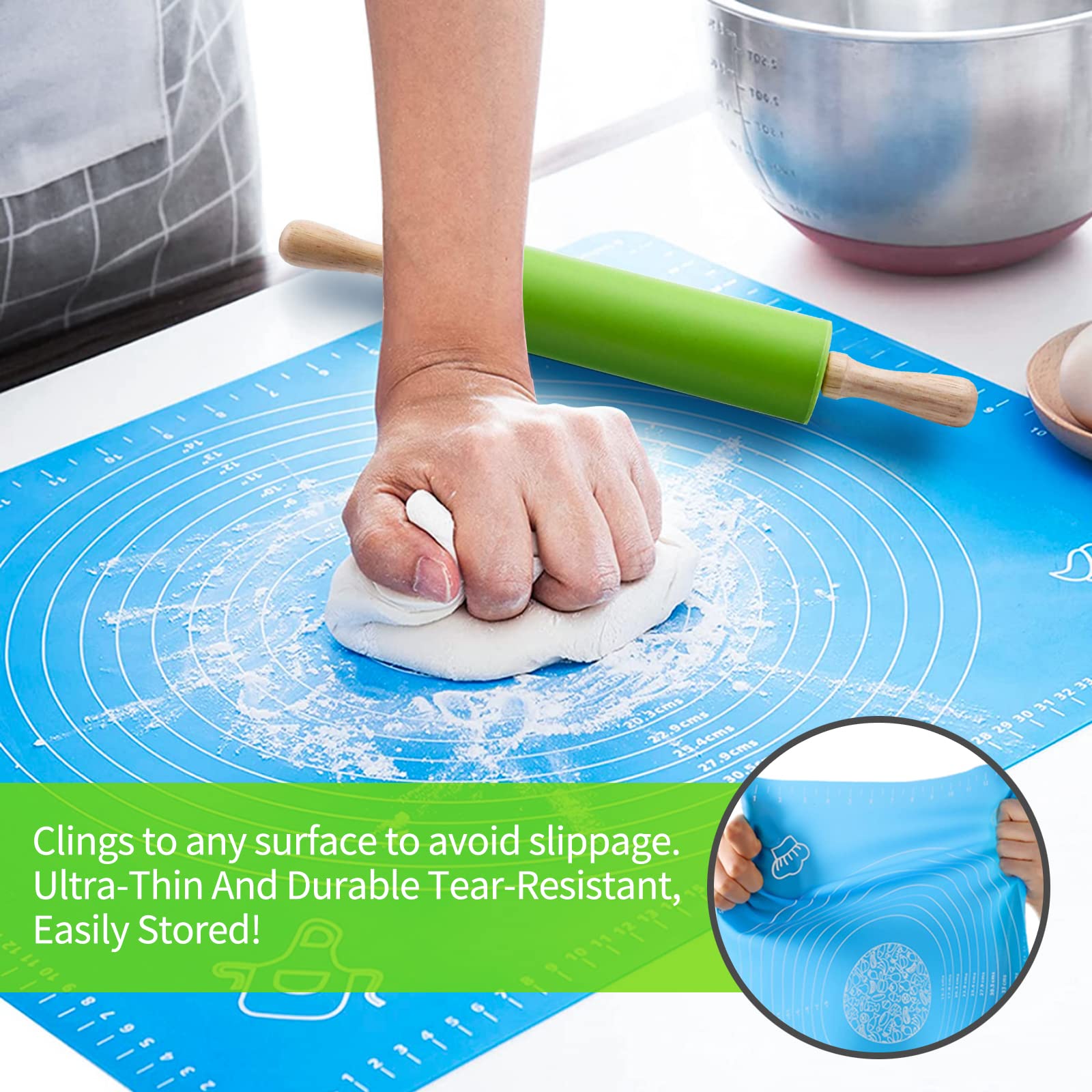 Non Stick Rolling Pin & Extra Large Silicone Baking Mat "25 X 18" Non-Stick Pastry Mat a free Silicone Spatula, Non-stick Silicone Dough Rollers Set with Measurements Kneading Pastry Mat