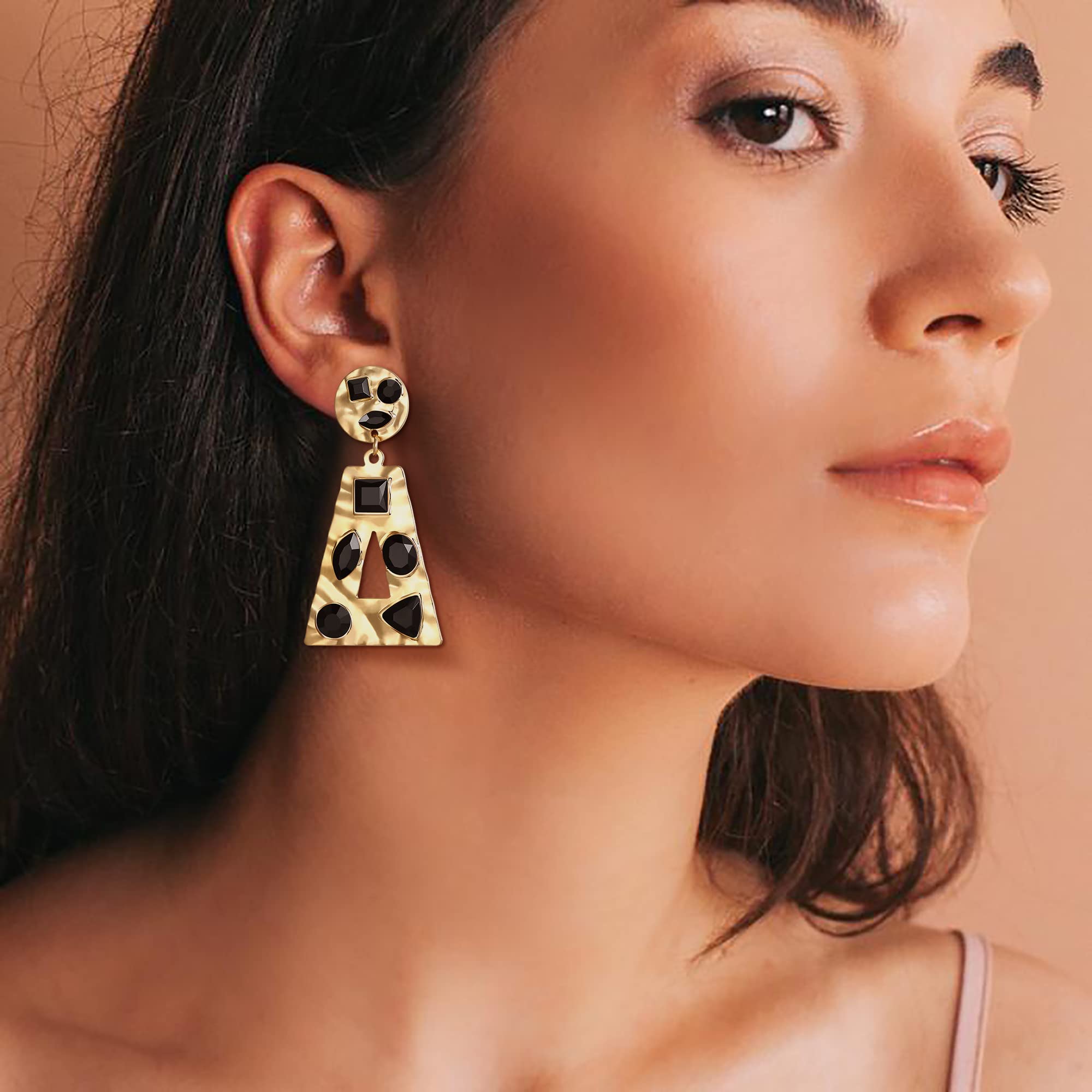 Mayfox Crystal Geometric Drop Dangle Earring for Women, Sparkly Rhinestones Vintage Rectangle Statement Earrings for Party Black Gold Tone