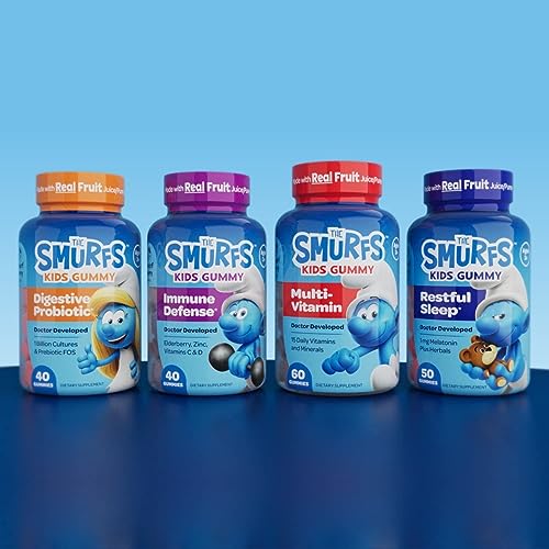 The Smurfs 1mg Melatonin Gummies for Kids with Chamomile & Lemon Balm for a Restful Sleep Age 3+ | Non-Habit Forming | Made with Real Fruit in a Smurf Berry | Doctor Developed | 50 Vegetarian Gummy