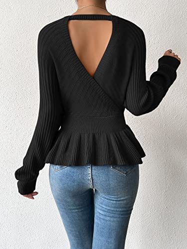 SweatyRocks Women's Deep V Neck Rib Knit Wrap Top Long Sleeve Ruffle Hem Peplum Sweater Black M