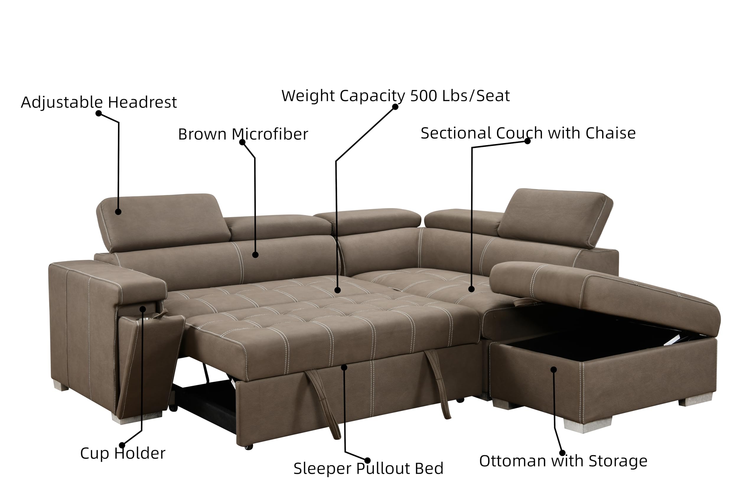THSUPER 100" Microfiber L Shape Sleeper Sectional Sofa with Pullout Bed. 5-Seats Sectional Couch with Storage Ottoman and Cup Holder. Adjustable Headrest with Sectional Sleeper Couch. Brown