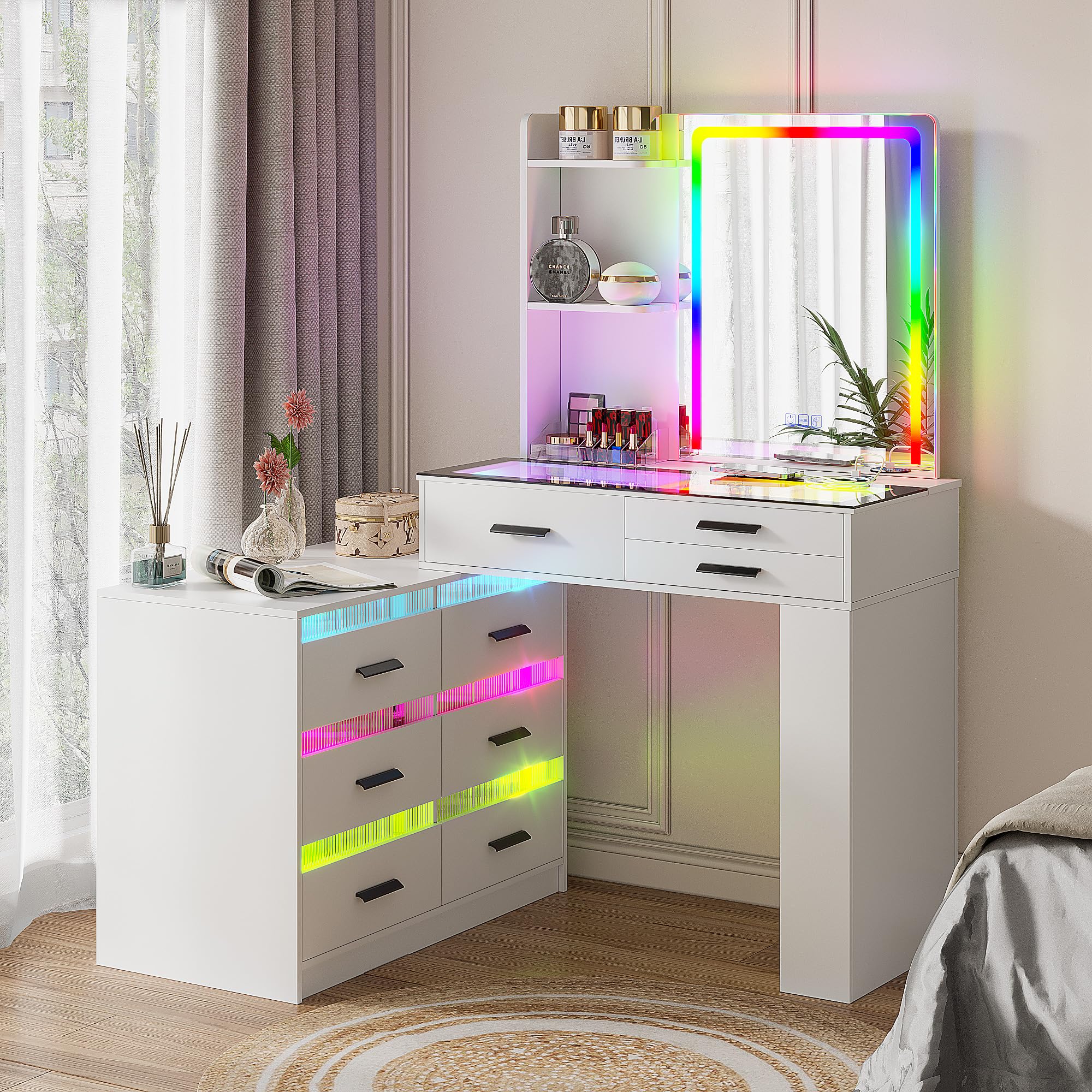 WOOVIVS Vanity Desk with Lights and Sliding Vanity Mirror, Makeup Vanity Desk with Charging Station, Vanities Dressing Table with Stool, LED Vanity Set with Large Drawers&Shelves for Bedroom, Grey