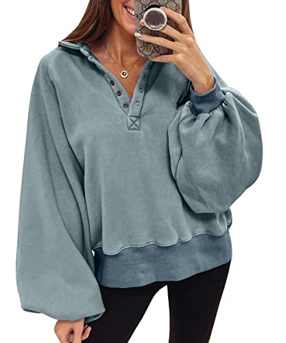 Trendy Queen Womens Sweatshirt Fall Winter Clothes Lantern Sleeve Drop Shoulder Pullover Hoodies Button Fashion Y2K Outfits Lightblue