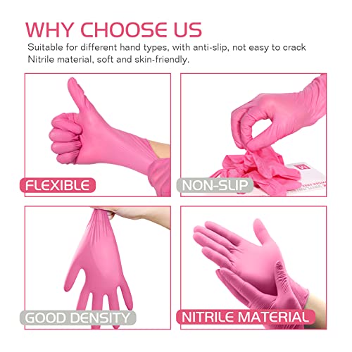 ranrose Disposable Nitrile Gloves Pink Medium,100PCS Pink Non Latex Gloves Medium Cleaning Disposable Latex Free Medium Gloves for Nail Tech Gloves (Pink-M)