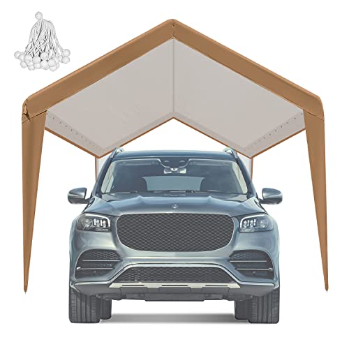 MARVOWARE 10x20 Car Canopy Replacement Carport Tarp Cover with Fabric Pole Skirts Ball Bungees for Tent Top Garage Boat Shelter(Only Tarp Cover) Brown