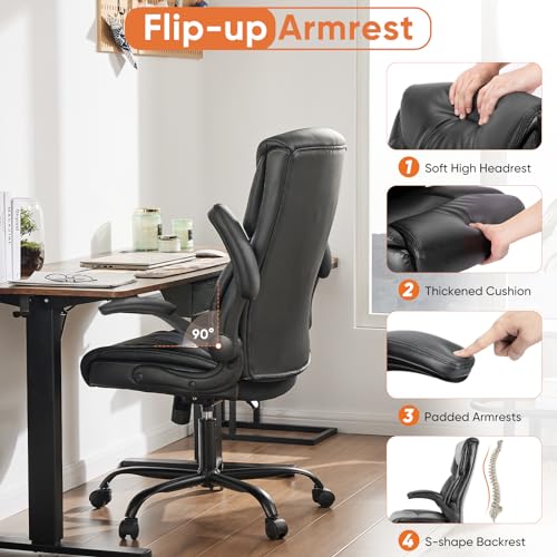 Sweetcrispy Home Office Chair, Ergonomic High Back Heavy Duty Task Chair with Flip-up Arms, PU Leather, Adjustable Swivel Rolling Chair with Wheels, Black