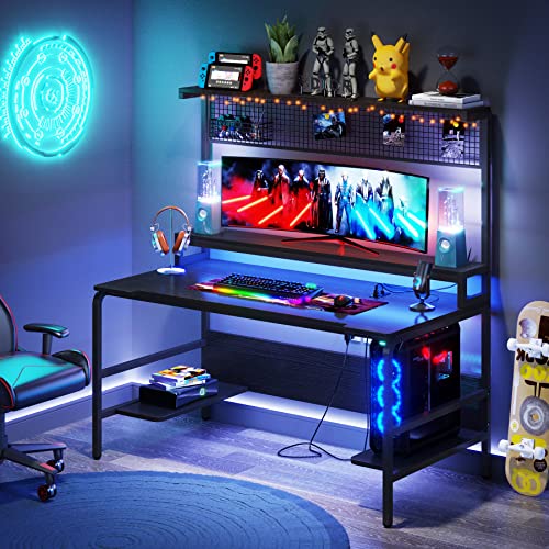Tribesigns 55 Inch Gaming Desk with 2-Outlet & 2 USB Ports, Large Computer Desk with Monitor Stand, Ergonomic Gamer Table with Metal Storage Basket, Black