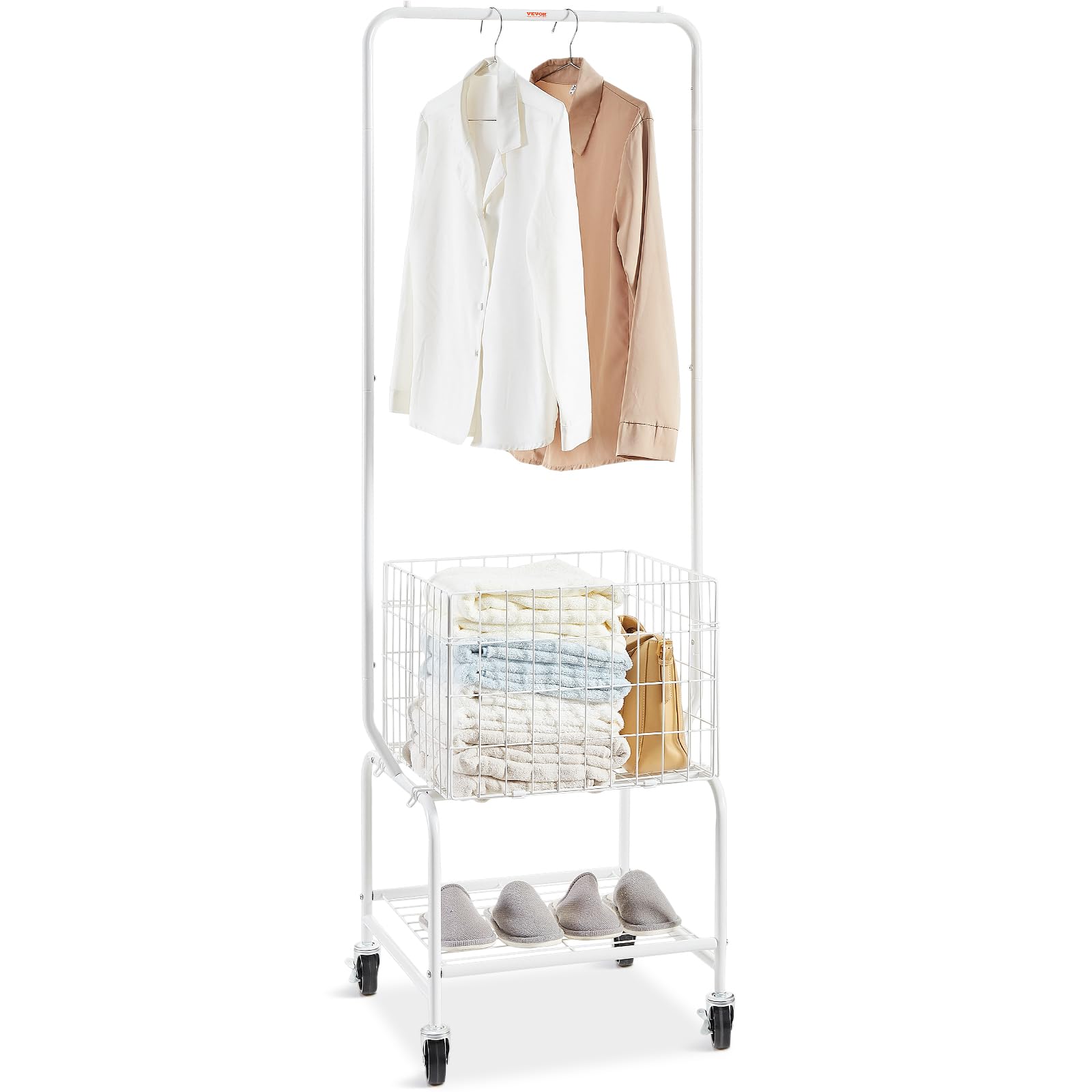 VEVOR Metal Rolling Laundry Basket with Hanging Garment Rack, Laundry Hamper Cart Adjustable Height with Basket Load and Shelf Load, Storage Organizer with Heavy Duty Lockable Wheels, White