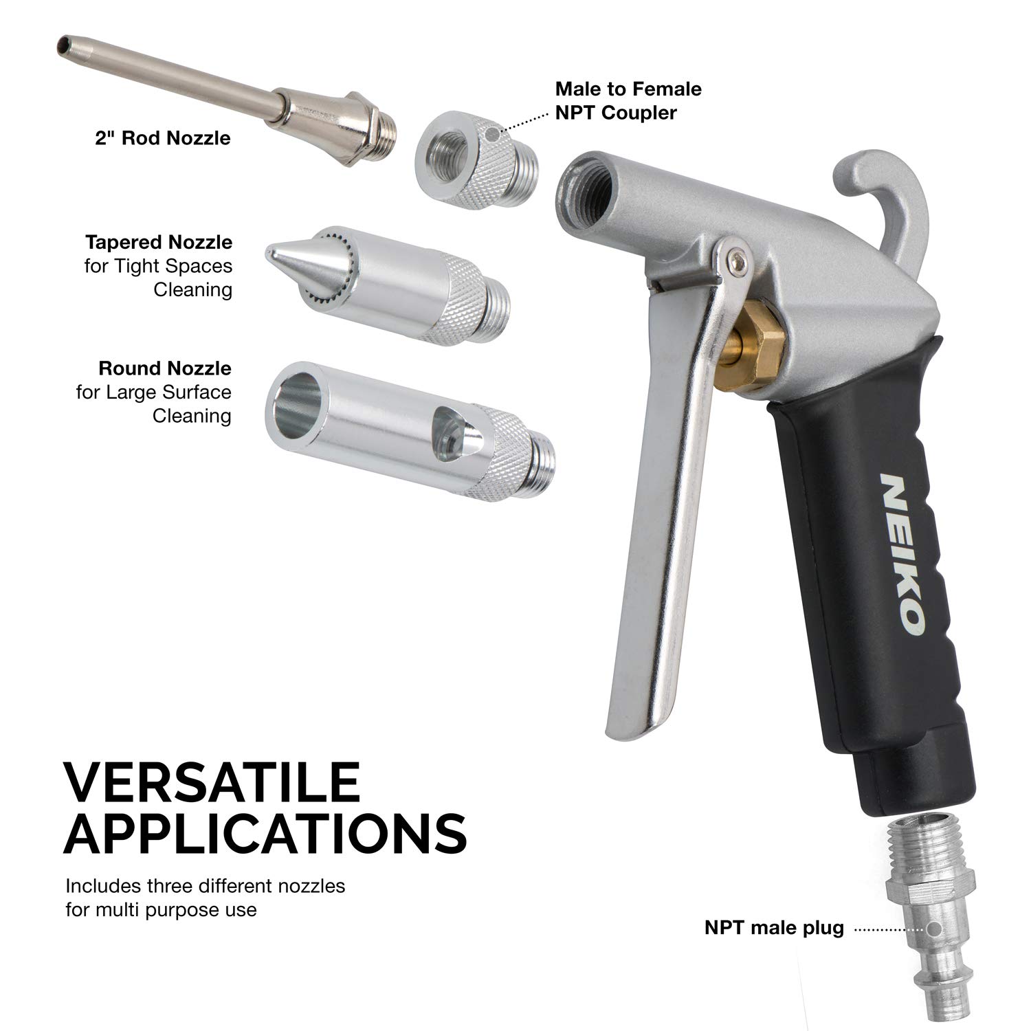 NEIKO 31121A High Flow Air Blow Gun | 3 Pc Pneumatic Air Nozzle | Dust Gun | Air Gun Compressor Accessories | ¼”