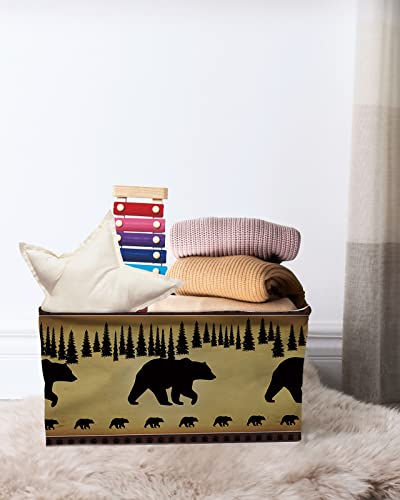 Storage Cubes Organizer with Handles, Black Forest Bear Animal Silhouettes on Retro Backdrop Storage Bins Fabric Collapsible Storage Baskets for Shelf Closet Nursery Cloth Organizers Box 1pcs