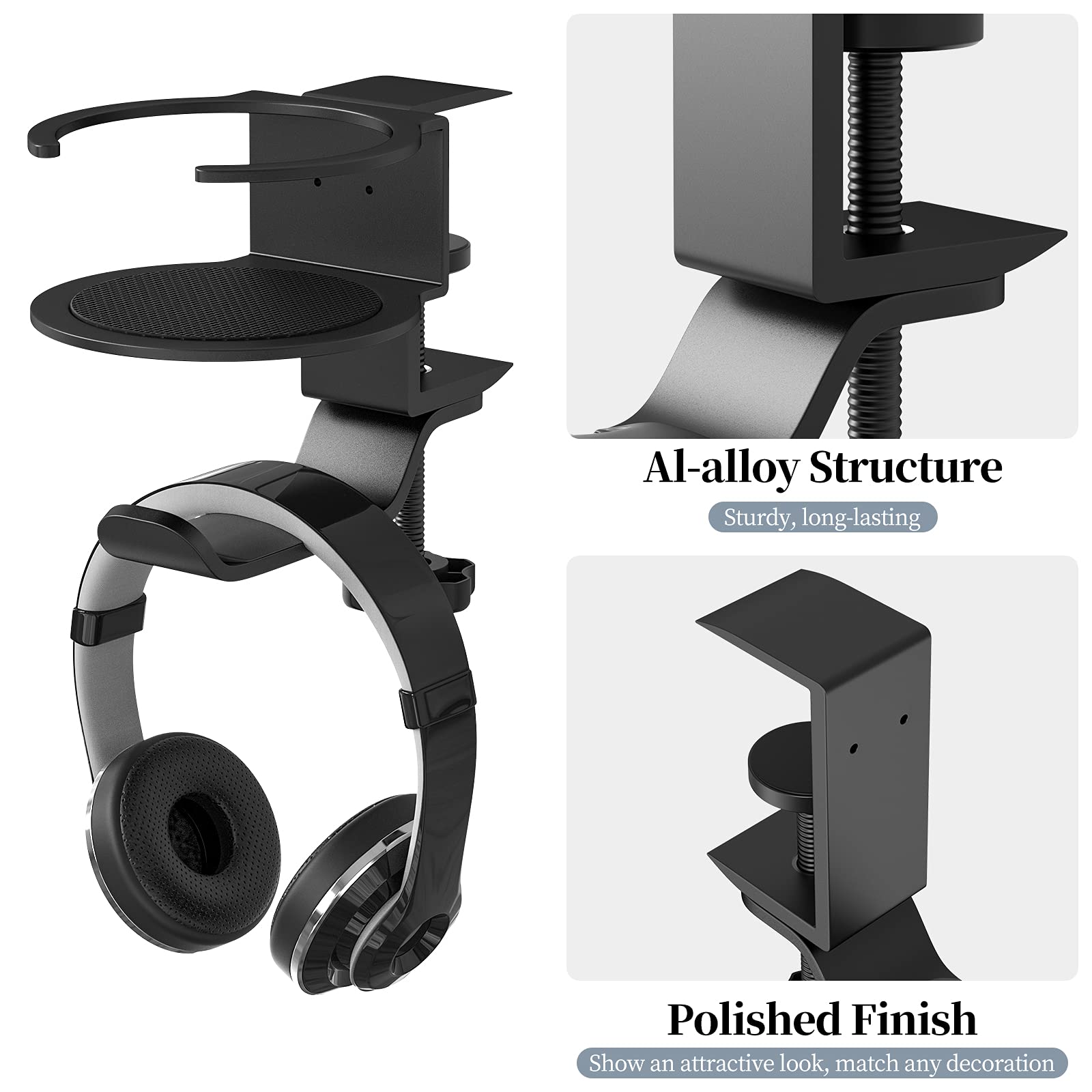 MoKo Headset Hanger with Cup Holder, Universal 2 in 1 Headphone Stand Adjustable 360° Rotate Aluminum Earphone Hook Mount Fit All Headphone Size Sennheiser, Audio-Technica, PS5 Gaming Headphone, Black