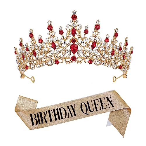 SWEETV Birthday Crowns for Women Gold Birthday Queen Sash and Tiara Set Rhinestone Princess Headband for Birth Day Party Photograph
