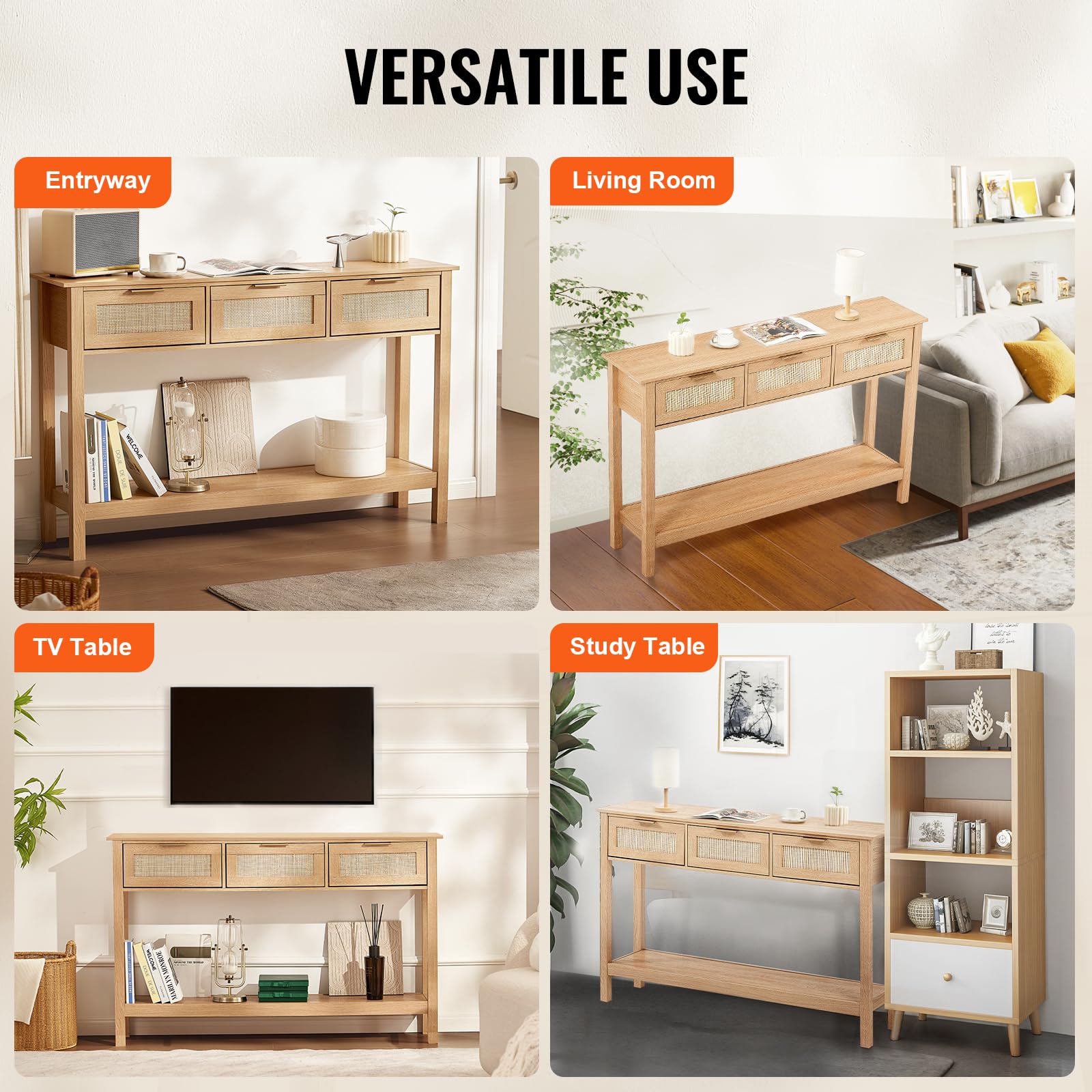 VEVOR Rattan Console Table with 3 Storage Drawers, Rattan Entryway Table with Natural Rattan Sliding Door, Console Sofa Table for Living Room, Study, Entryway Or TV Wall, Natural