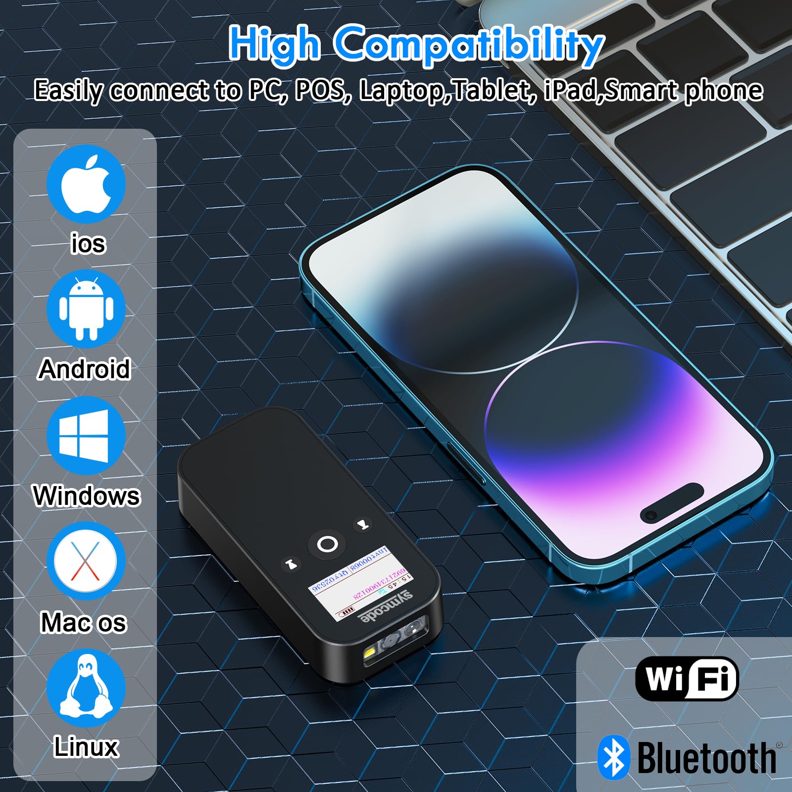 symcode Bluetooth Barcode Scanner with Display Screen Battery Level Time Display Works,Wireless 2D QR Bar Code Reader Scanner for Warehouse Supermarket Library