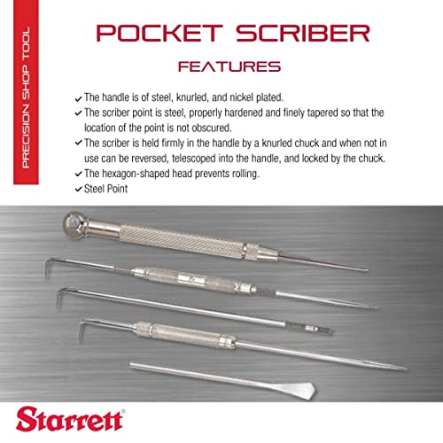 Starrett Steel Pocket Scriber with Hexagon Shape Head - 2-7/8" (72mm) Point Length, 3/8" (9.5mm) Handle Diameter, Knurled and Nickel-Plated Handle - 70B