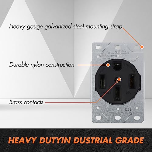 NEMA 14-50R Receptacle 50 Amp Flush Mounting Outlet with Wall Plate, 3 Pole, 4 Wire 125/250V, Heavy Duty Commercial Industrial Grade UL Listed, Micmi