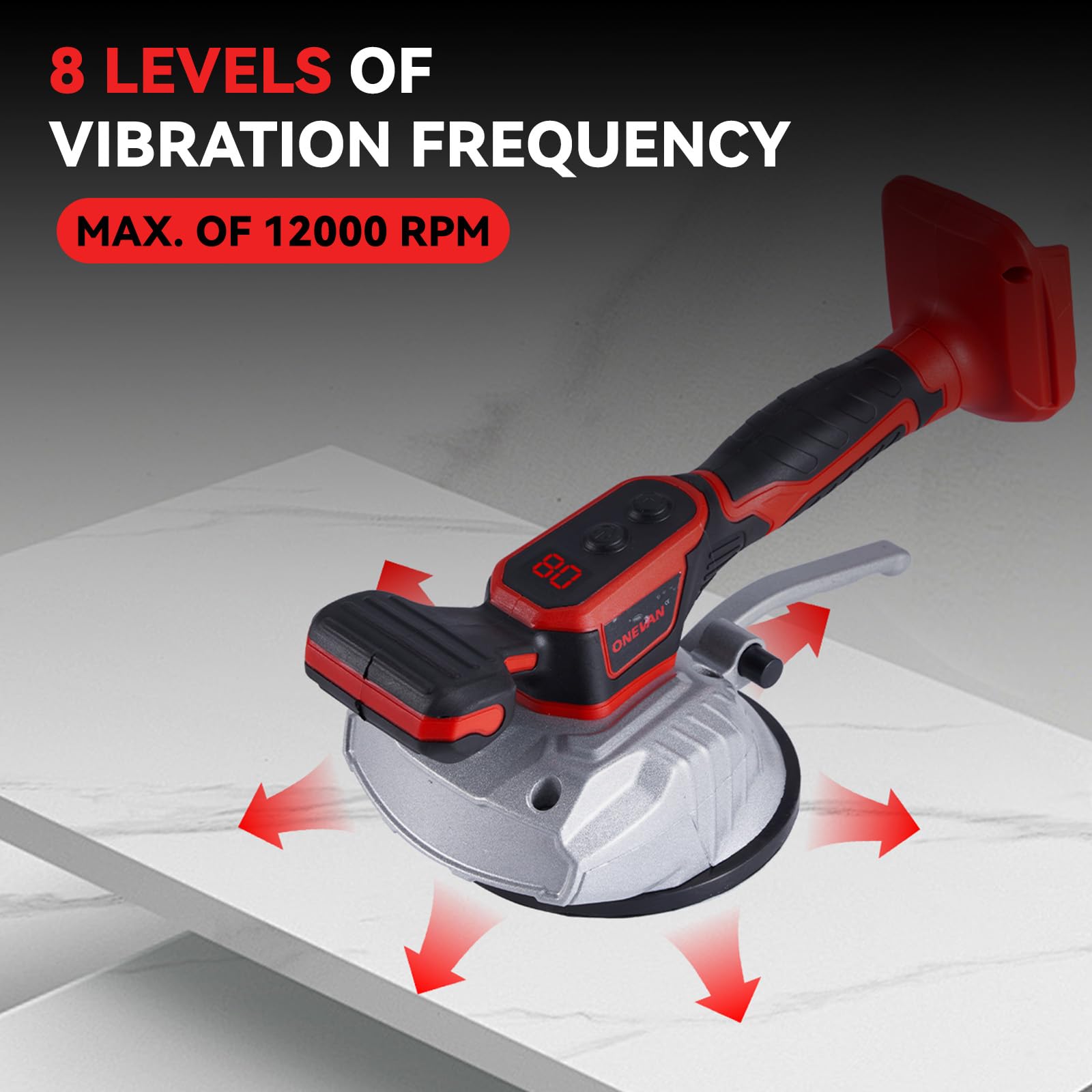 Tile Vibration Tool with 2 x 20V Batteries, Tile Installation Leveling Machine 18000r/Min, Tile Suction Cup Vibrating Tool 200kg Adsorption, 8 Adjustable Speed & LCD Display for Floor, Tile, Wall