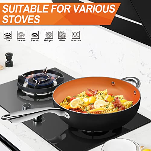 Michelangelo 5 Quart Nonstick Wok Set with Lid, Deep Frying Basket, and Roasting Steaming Rack, Aluminum, Includes All Stovetops Compatible, Non Stick