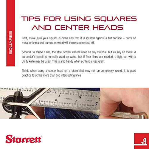 Starrett Steel Combination Square With Square Head And Center Head - 6" Blade Length, Cast Iron Heads, Hardened Steel, Reversible Lock Bolt, 4R Graduation Type - 11HC-6-4R
