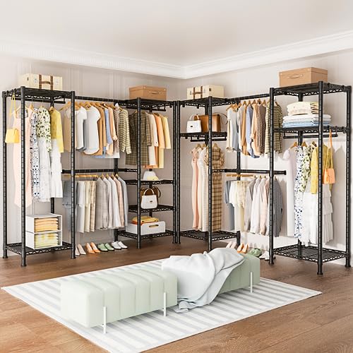Ulif E7 Heavy Duty Garment Rack, Freestanding Clothes Organizer and Storage Rack with Expandable Hangers Rods, Metal Portable Closets with 6 Wire Shelves, (52.3”-72”)W x 14.5”D x 71.2”H, Load 740 LBS