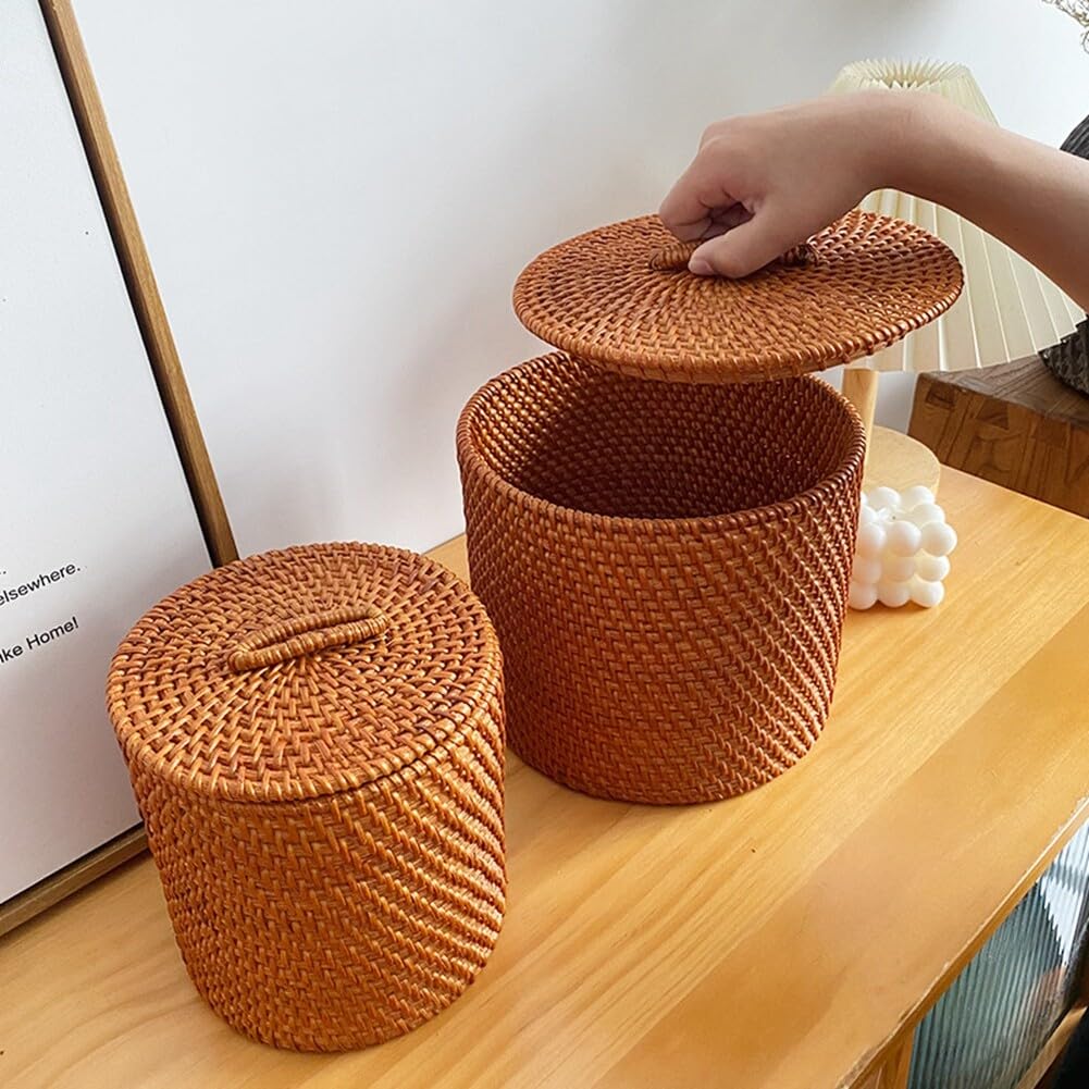 Storage Basket with Lid,6x6inch Rattan Basket Decorative Boxes,Handmade Rattan Storage Cylinder Wicker Storage Bin Round Rattan Storage Basket with Lid Household Organizer Box