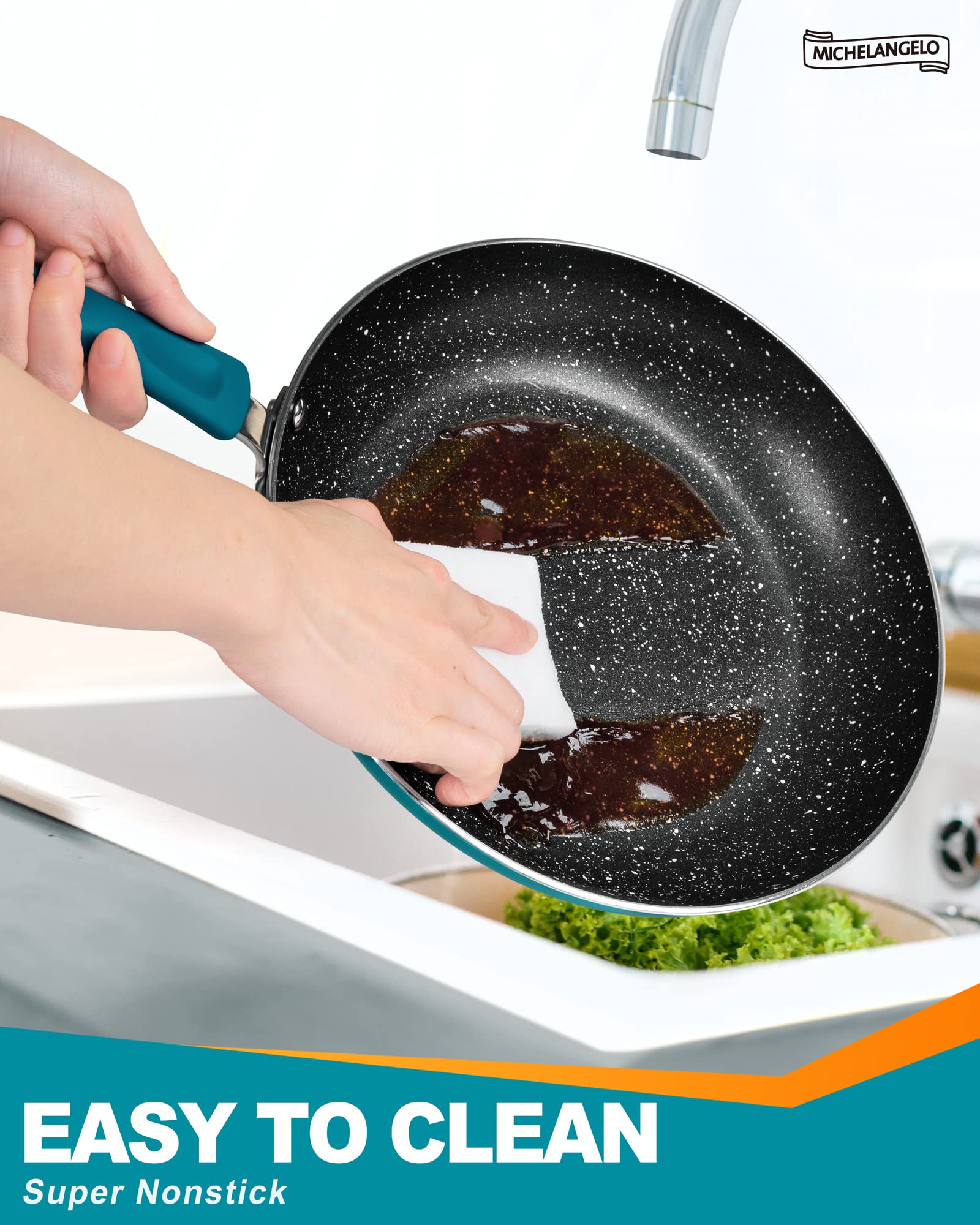 MICHELANGELO Non Stick Frying Pans Set, 8 Inch & 10 Inch Skillet Set, Frying Pans Nonstick with Granite Interior, Enamel Nonstick Pans for Cooking, Frying Pan Set with Silicone Handle, Cyan