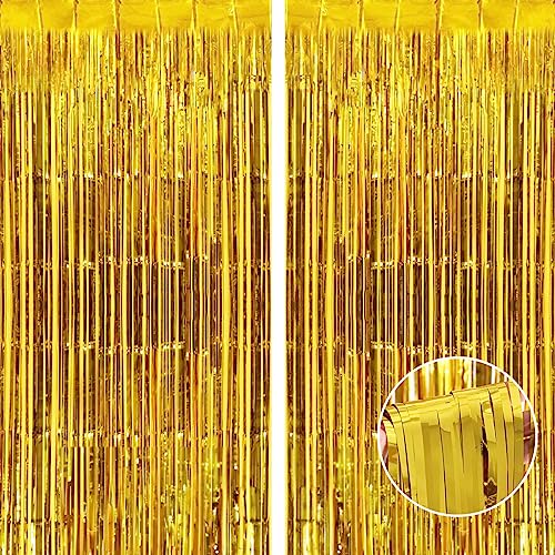 Thicken Gold Foil Fringe Curtains Decorations 3.2x8.2ft - 2 Pack, Photo Backdrop for Birthday Bachelorette Bridal Shower Baby Shower Graduation Party, Party Streams Decor