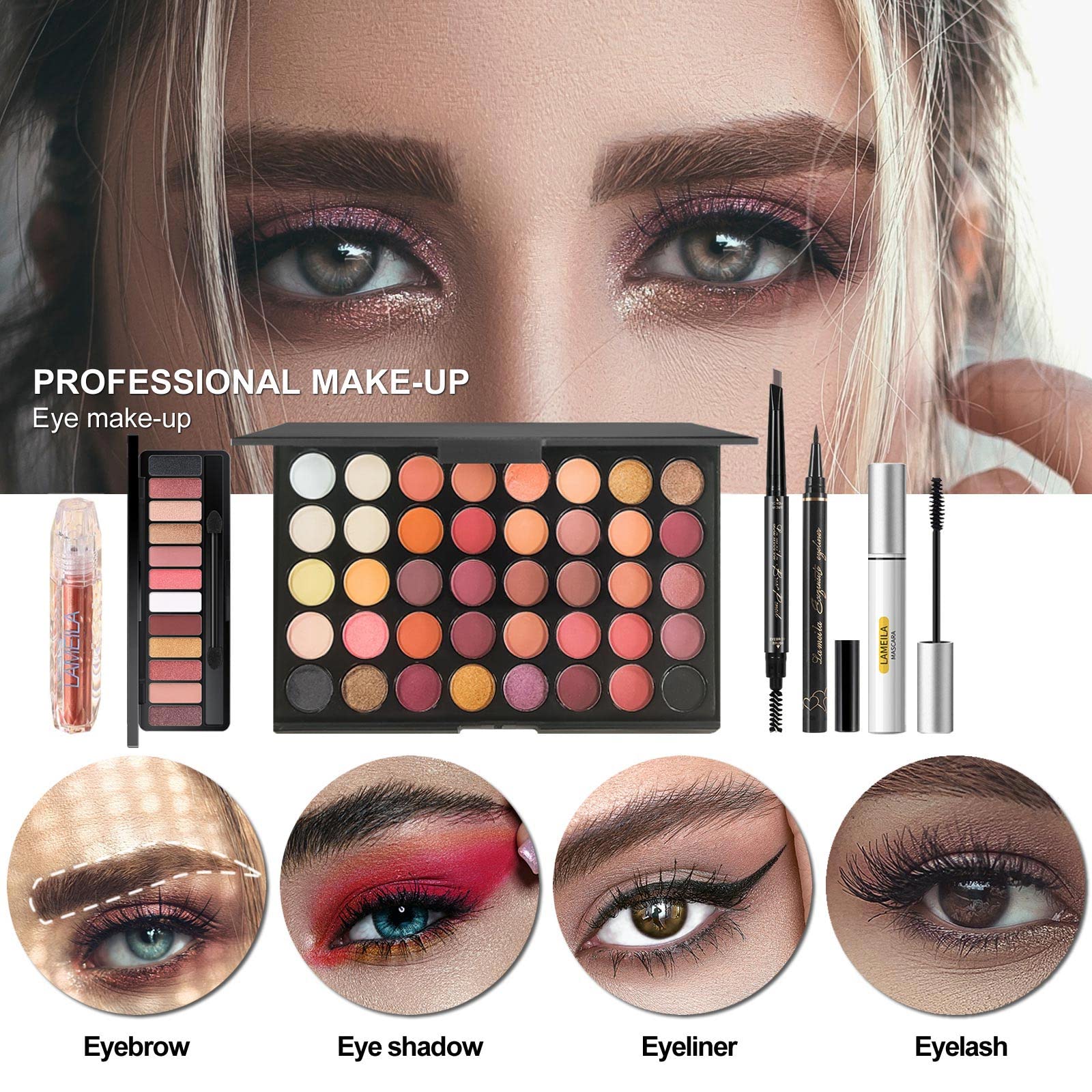 Professional Full Makeup Kit Gift 30 PCS, All-in-one for Women Include Eyeshadow Palette,eyeliner, Lip Gloss lipstick , Brush Set, Foundation, Concealer , Mascara